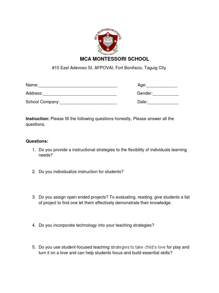 Mca Montessori School: Instruction: Please Fill The Following Questions ...