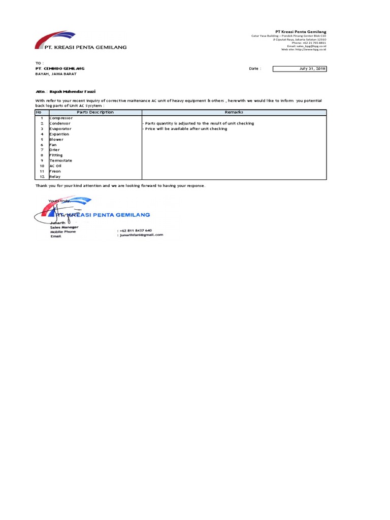 AC Parts Inquiry Response for Cemindo | PDF