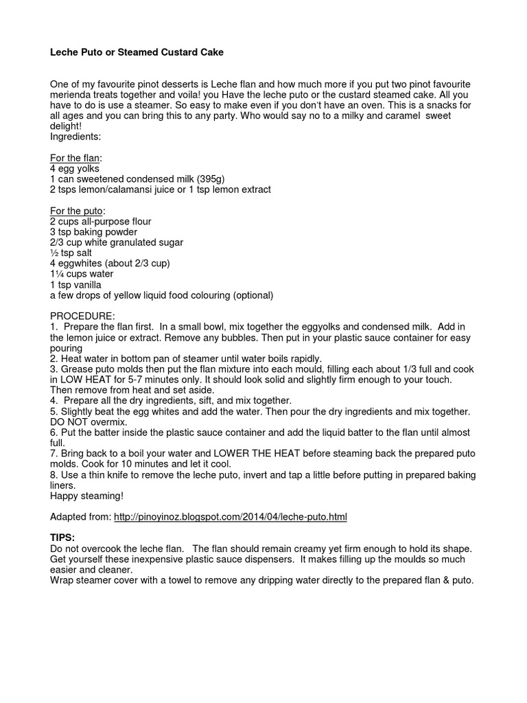 Leche Puto: Steamed Custard Cake Recipe | PDF
