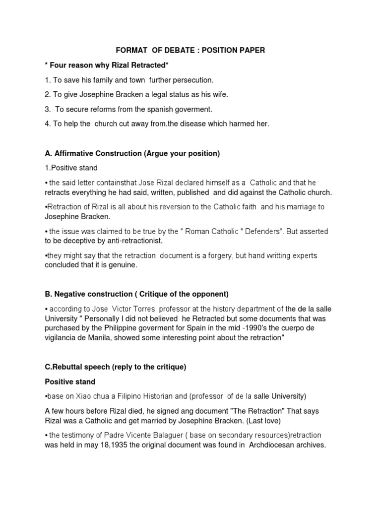 Format of Debate: Position Paper Four Reason Why Rizal Retracted | PDF