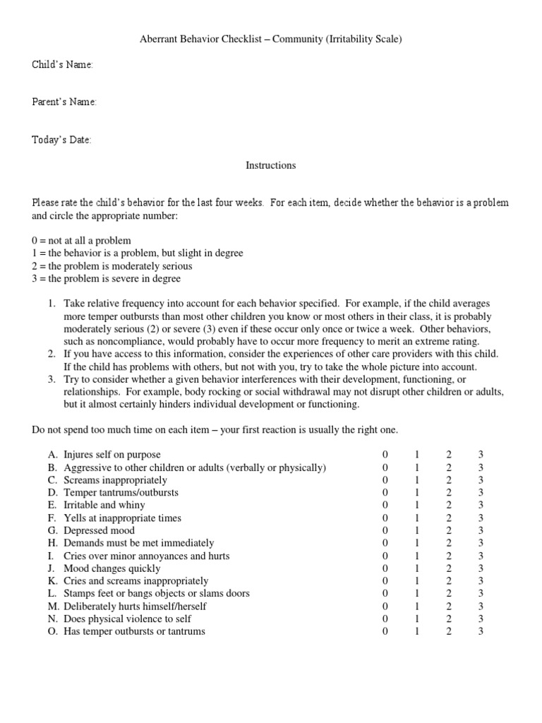 !aberrant Behavior Checklist Irritability Scale With Instructions | PDF | Psychiatry ...