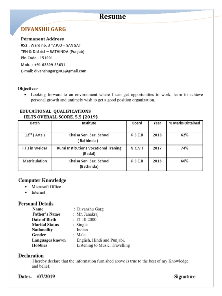 Divanshu Garg - CV - With I.T.I | PDF | Career & Growth