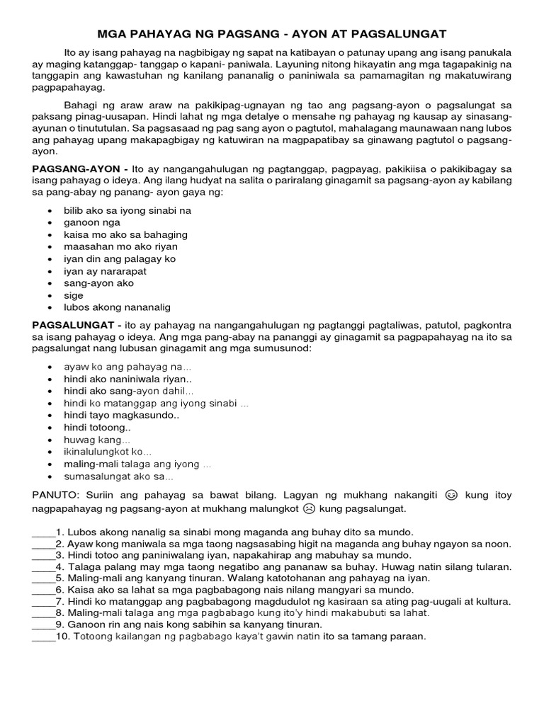 Mga Pahayag NG Pagsang-Ayon at Pagsalungat | PDF