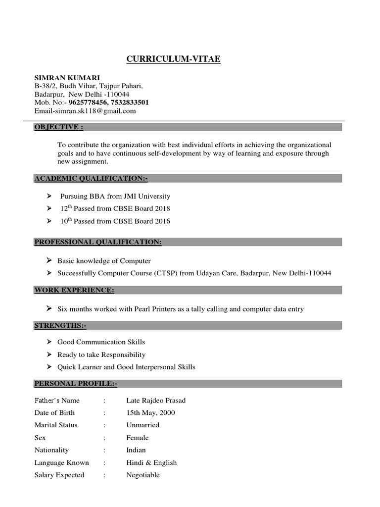 Curriculum-Vitae: Simran Kumari | PDF