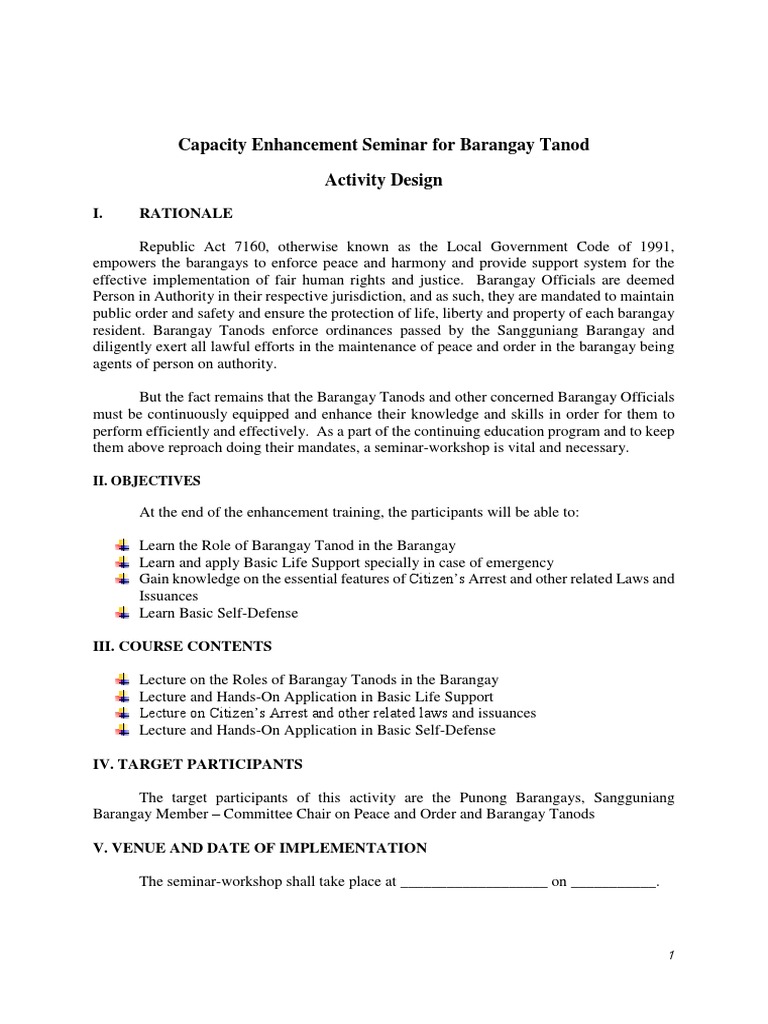 Activity Design - Skills Enhancement For Barangay Tanods 2 | PDF ...