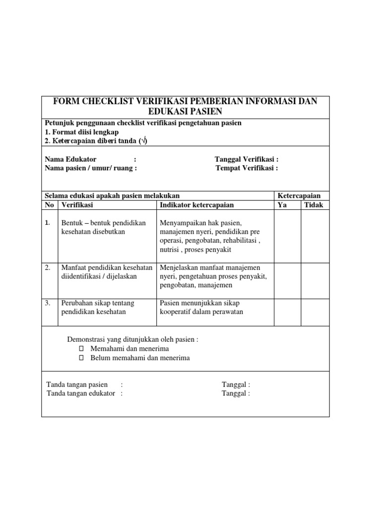 Checklist Verifikasi Edukasi Pasien | PDF
