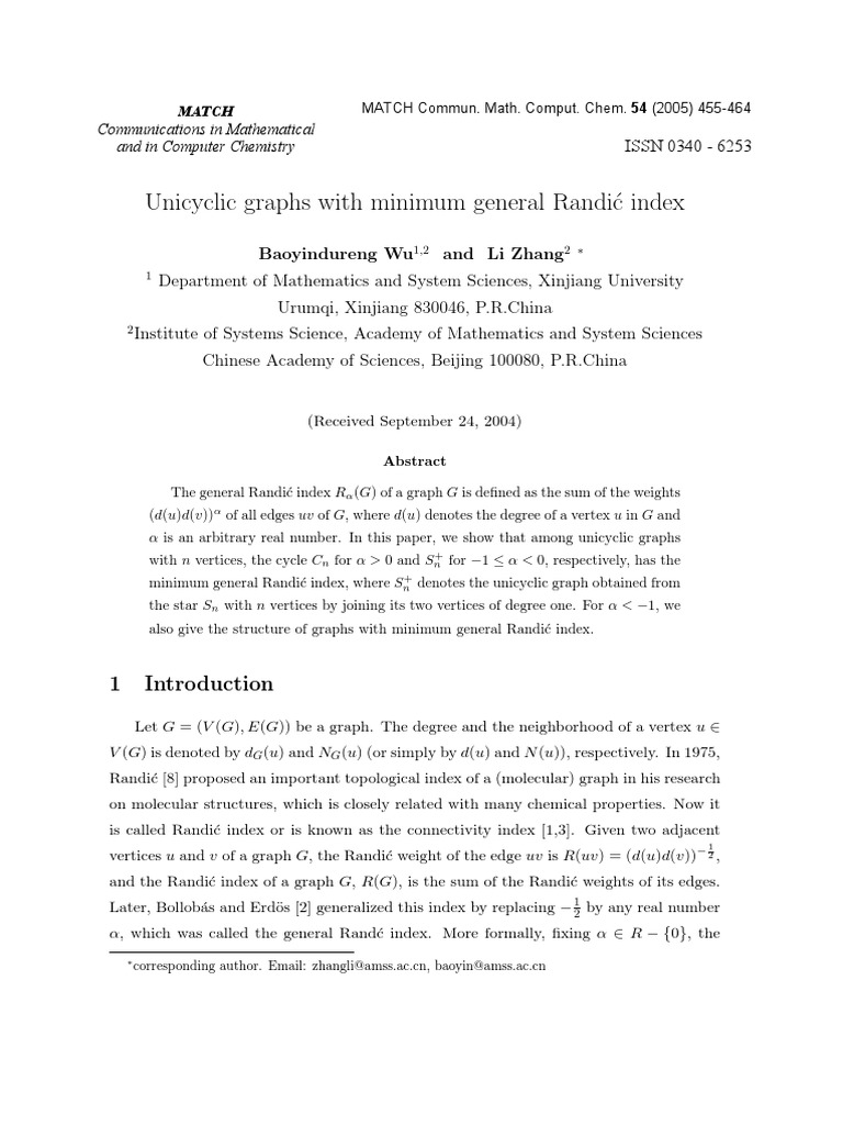 Unicyclic Graphs With Minimum General Randic Index | PDF | Vertex (Graph Theory) | Graph Theory