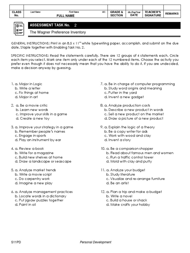 Wagner Preference Inventory Assessment | PDF | Cognition ...