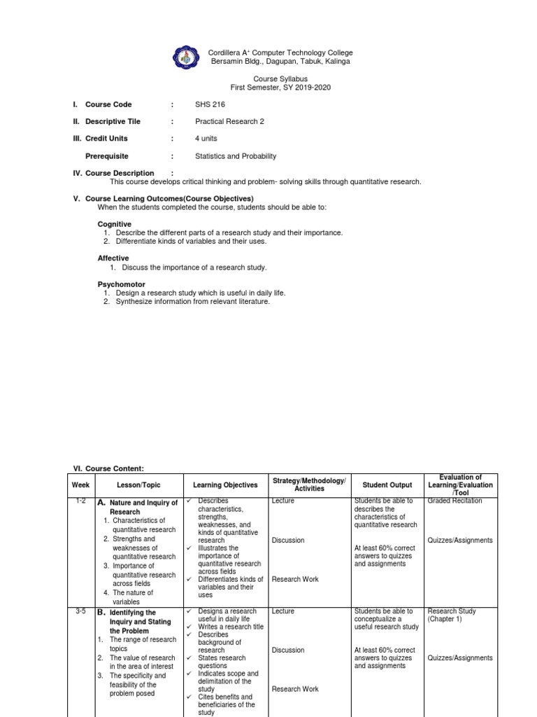 Cordillera A+ College research course syllabus | PDF | Data Analysis ...