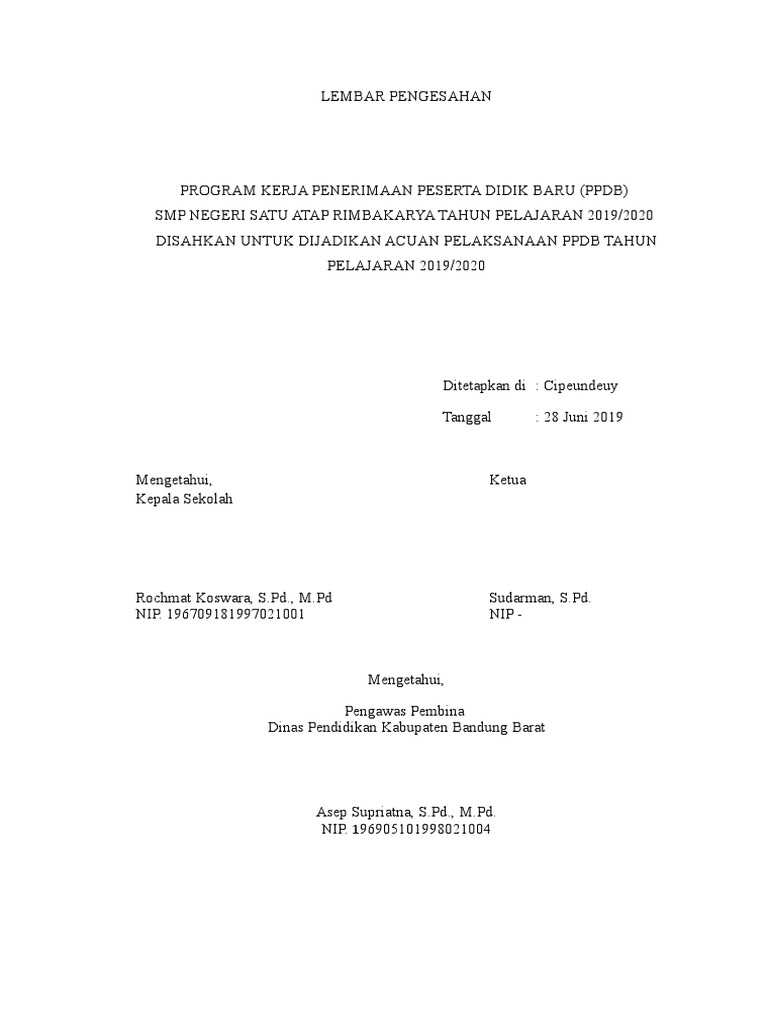 Contoh Lembar Pengesahan, Daftar Isi, Kata Pengantar Program PPDB | PDF