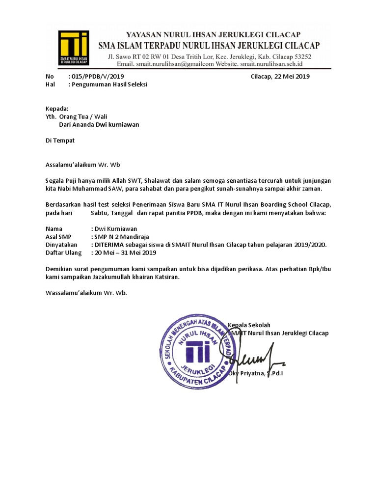 Surat Diterima Di SMAIT NIBS | PDF