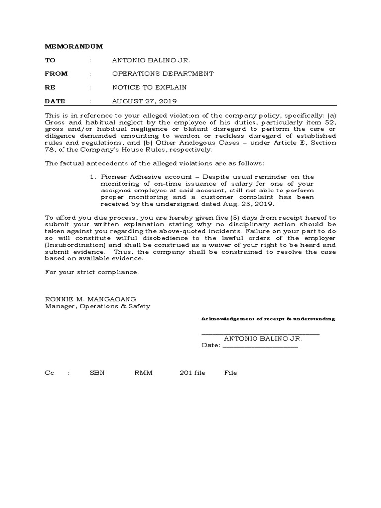 Memorandum TO From RE Date: Acknowledgement of Receipt & Understanding ...