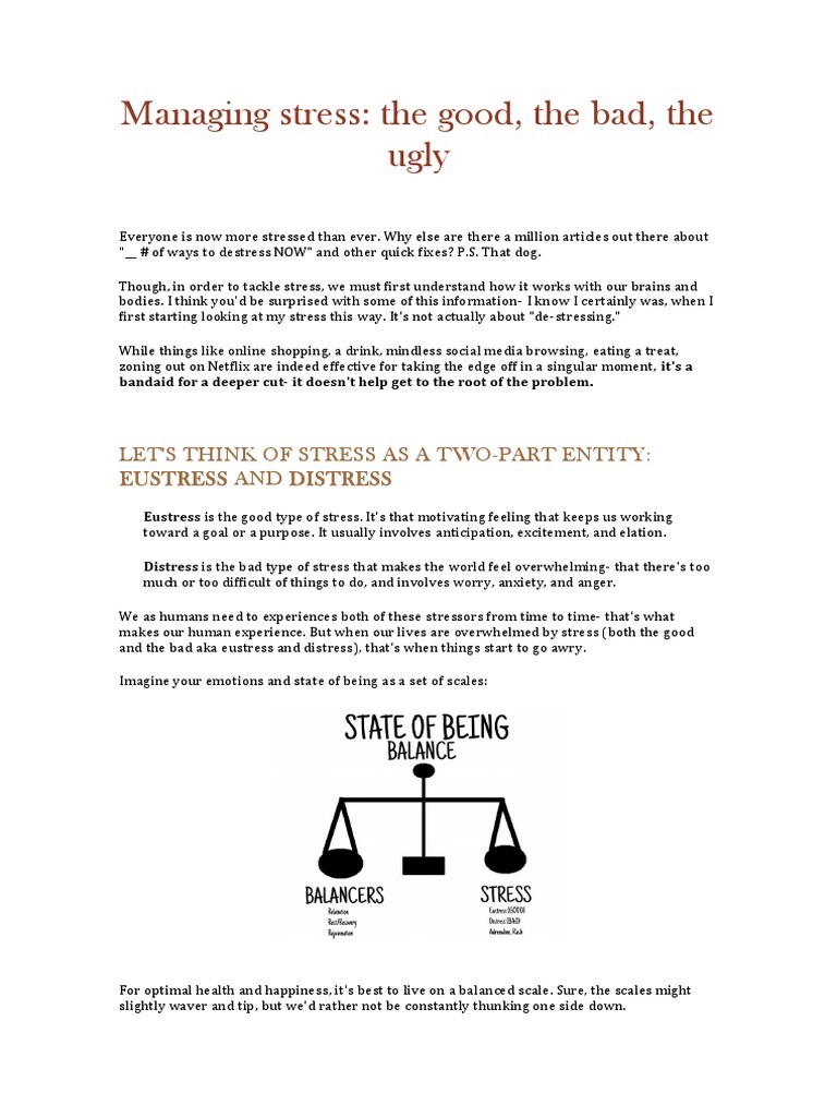 Managing Stress: The Good, The Bad, The Ugly: Let'S Think of Stress As ...