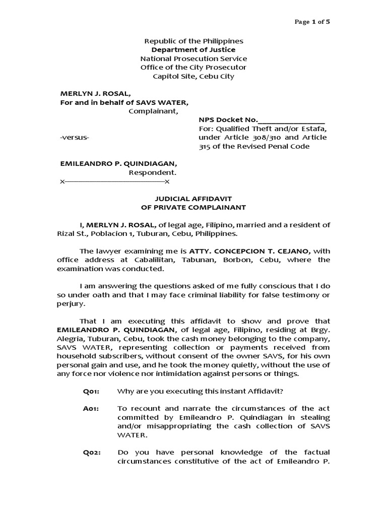 Qualified Theft Complaint | PDF | Perjury | Common Law