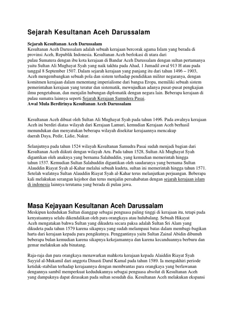 Sejarah Kesultanan Aceh Darussalam Lengkap | PDF