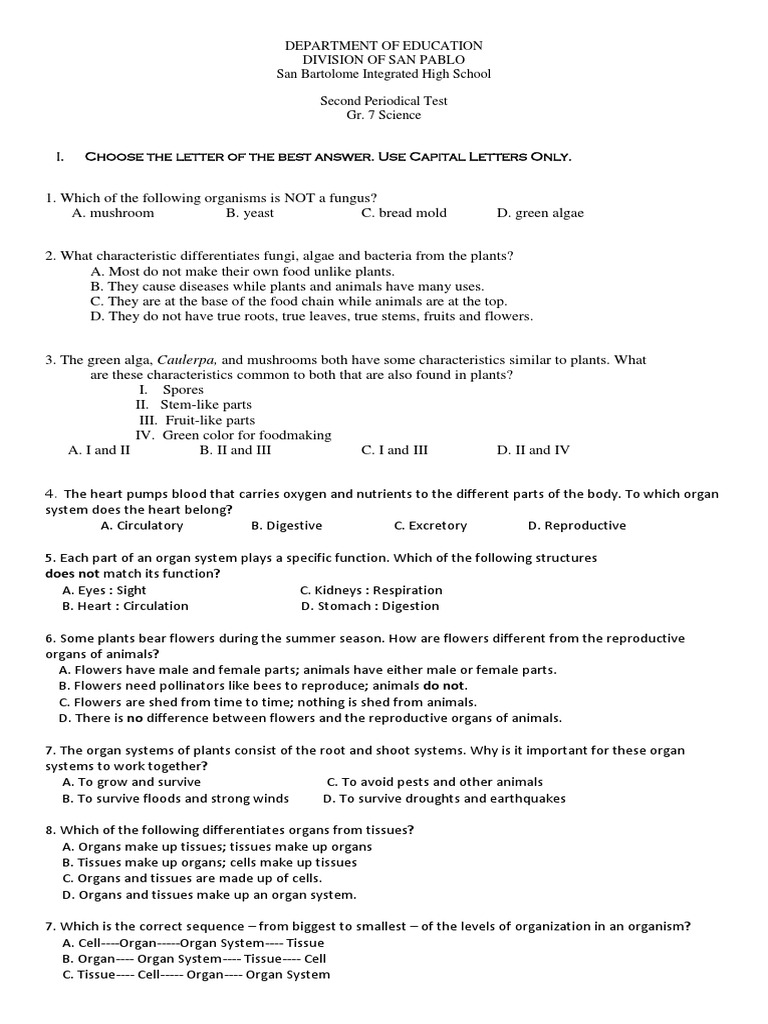 Grade 7 Exam | PDF | Plants | Cell (Biology)