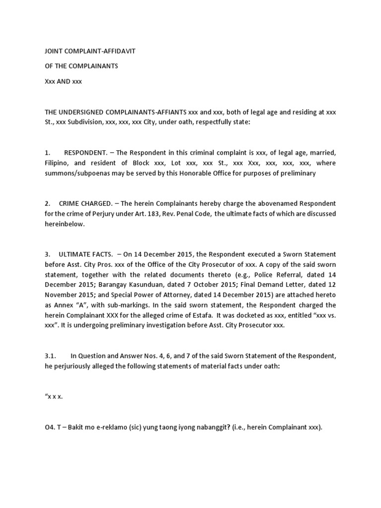 Sample Complaint For Perjury | PDF | Promissory Note | Loans