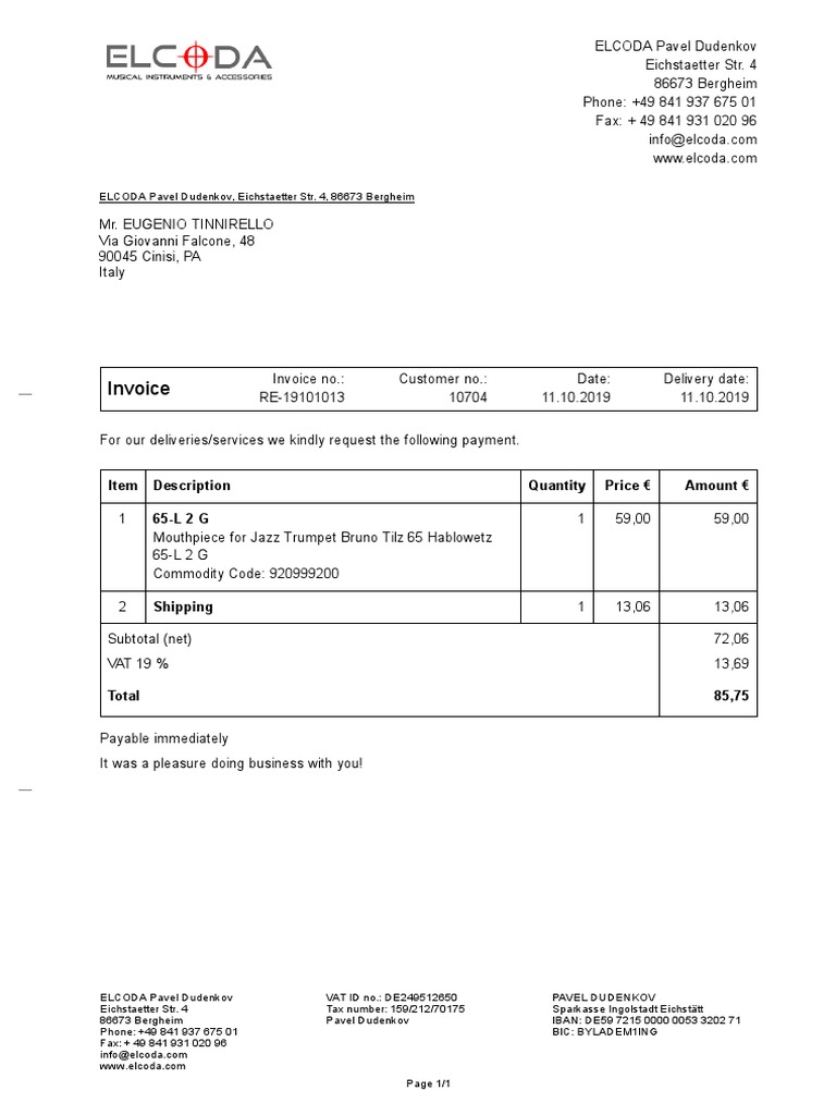 Invoice: Item Description Quantity Price Amount 65-L 2 G | Download ...