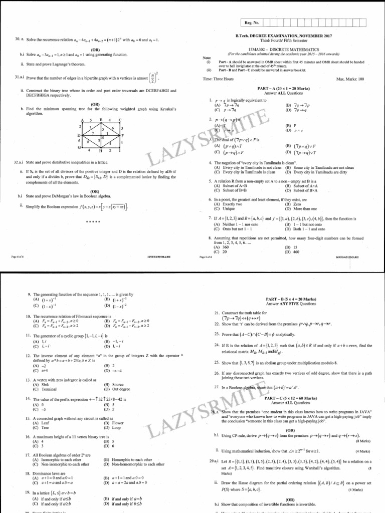Discrete Maths Question Paper | PDF | Abstract Algebra | Mathematical ...