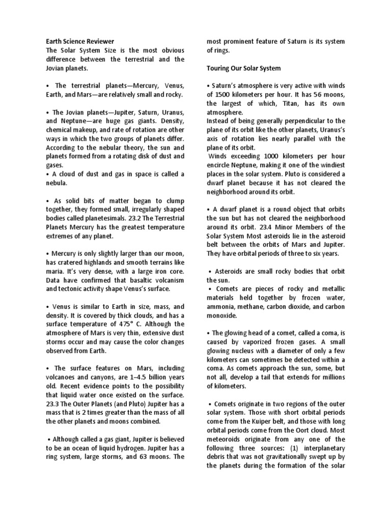 Earth Science Reviewer: Solar System Features and Theories | PDF | Rock ...