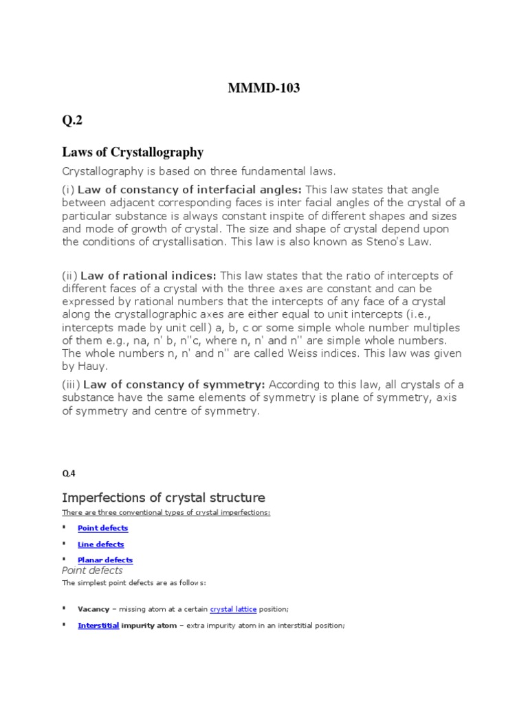MMMD-103 Q.2 Laws of Crystallography: Imperfections of Crystal ...