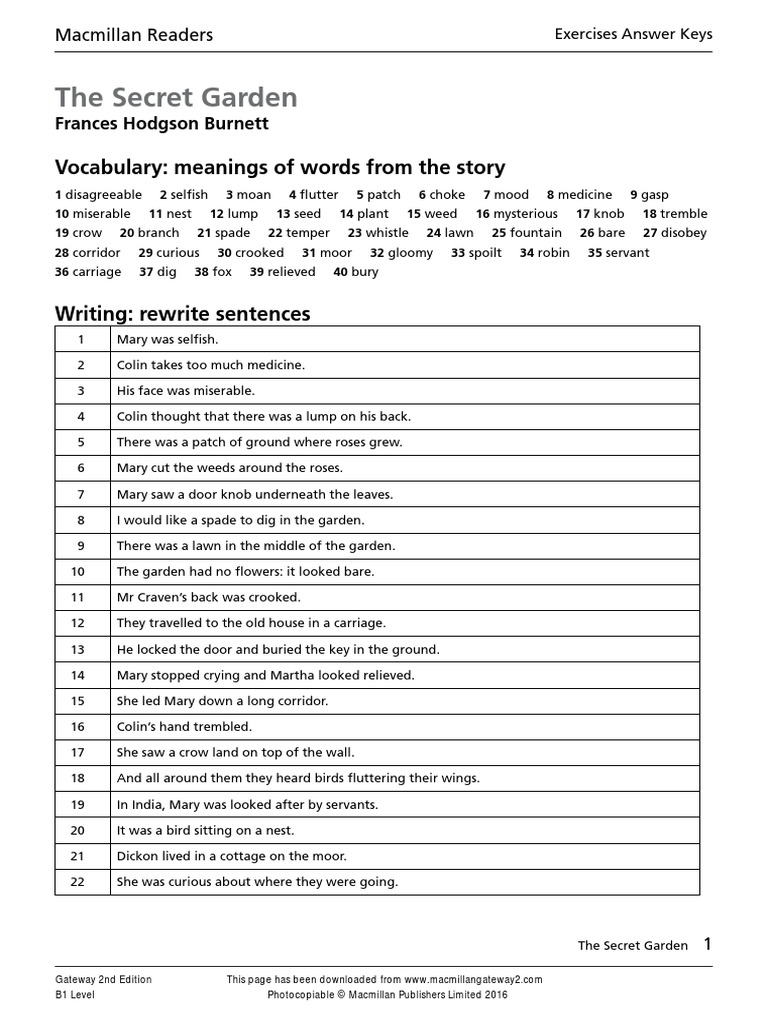 Exercises Answer Keys | PDF | The Secret Garden