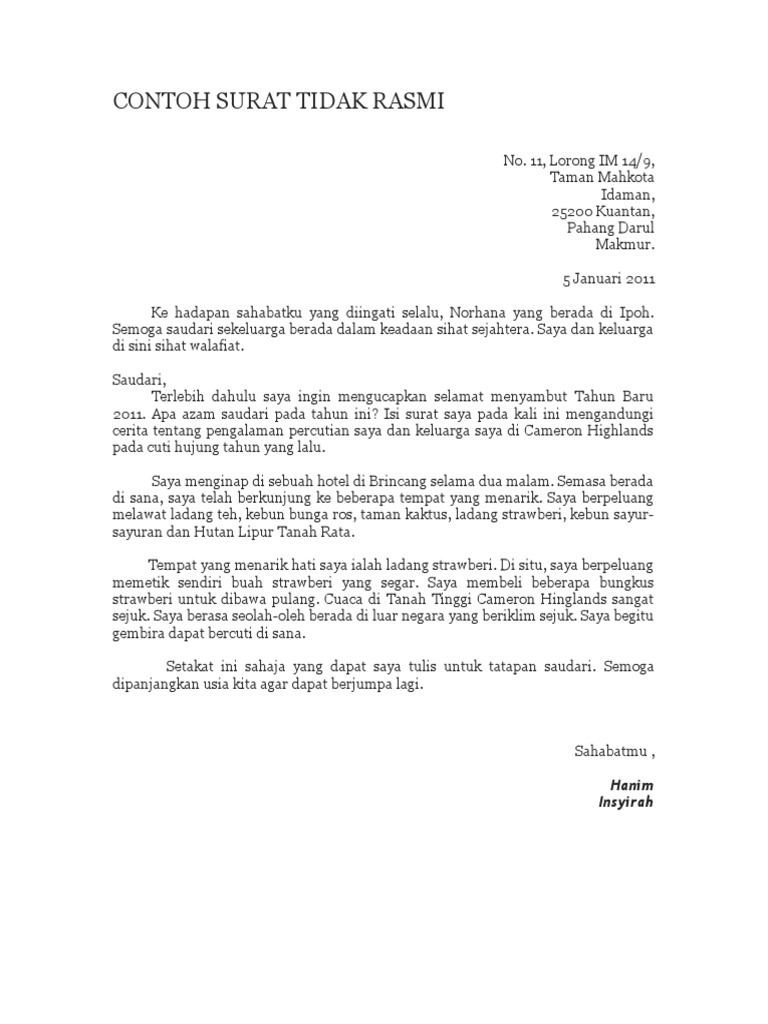 Contoh Surat Tidak Rasmi | PDF