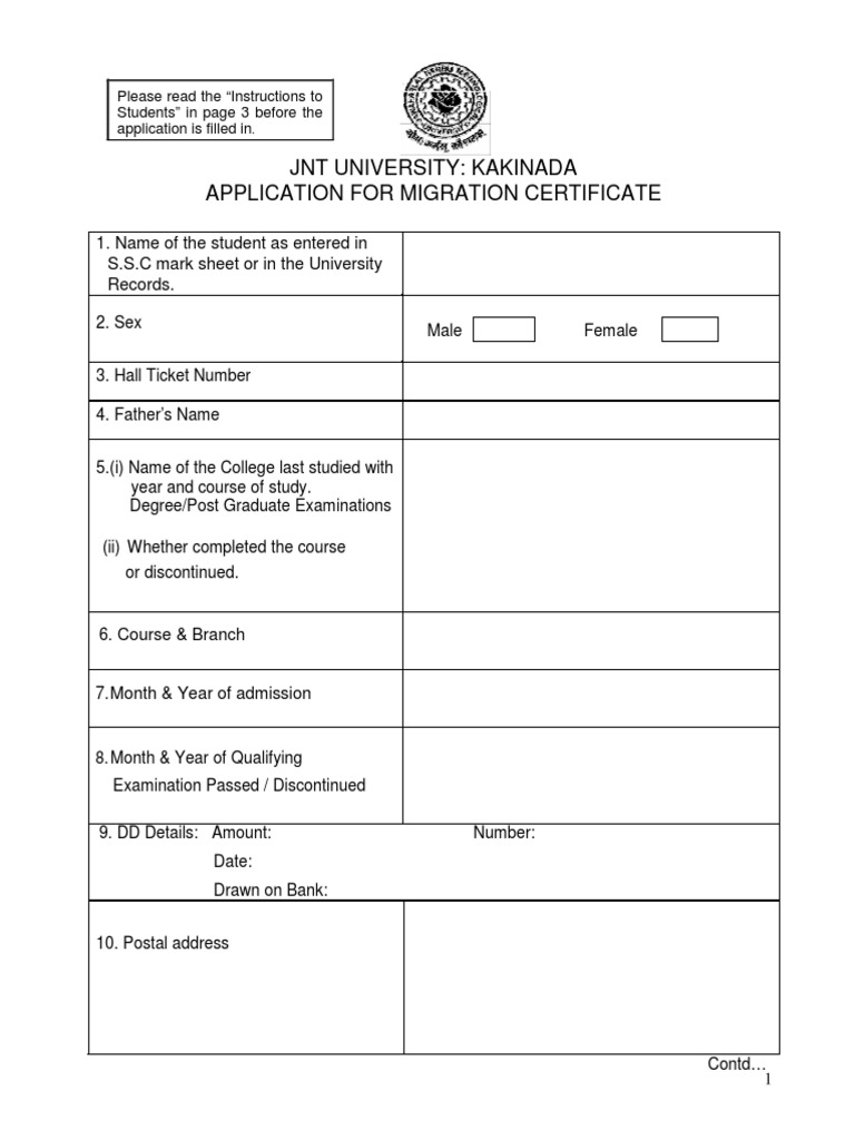JNT University: Kakinada Application For Migration Certificate | PDF ...
