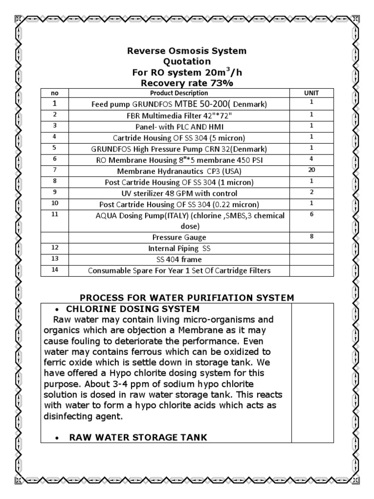 Reverse Osmosis System Quotation For RO System 20m /H Recovery Rate 73% ...
