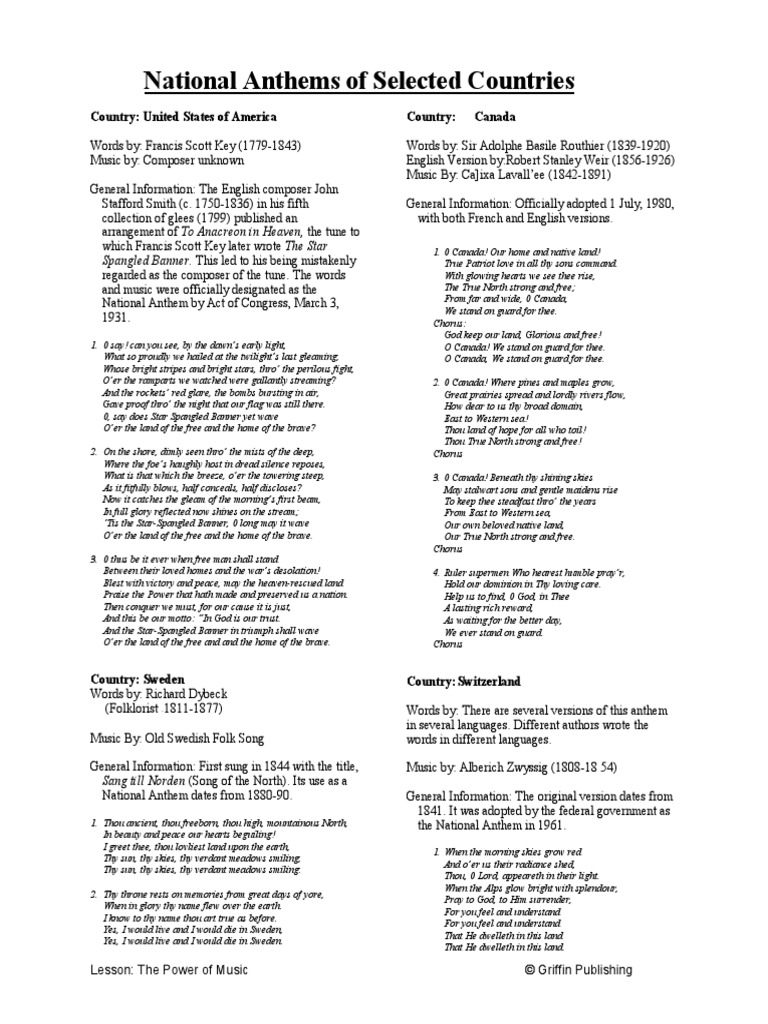 National Anthems of Selected Countries: Country: United States of ...