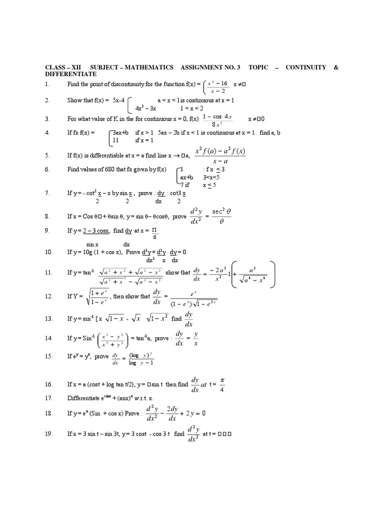 CBSE Worksheets For Class 12 Maths Continuity and Differentiability Assignment 02 PDF | PDF ...