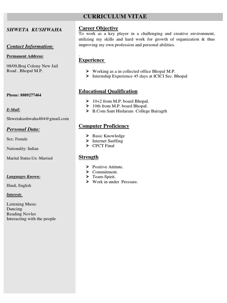 Curriculum Vitae: Career Objective | PDF