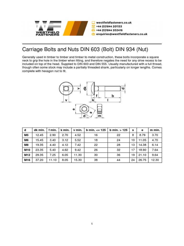 Carriage Bolts and Nuts DIN 603 (Bolt) DIN 934 (Nut) | PDF
