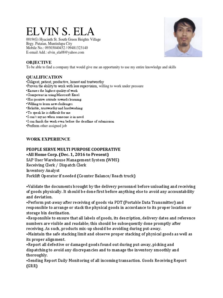 Elvin Ela Resume Updated | PDF | Warehouse | Supply Chain Management