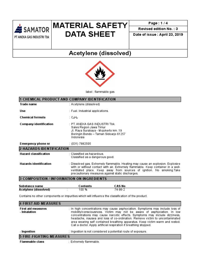Material Safety Data Sheet: Acetylene (Dissolved) | PDF | Combustion ...