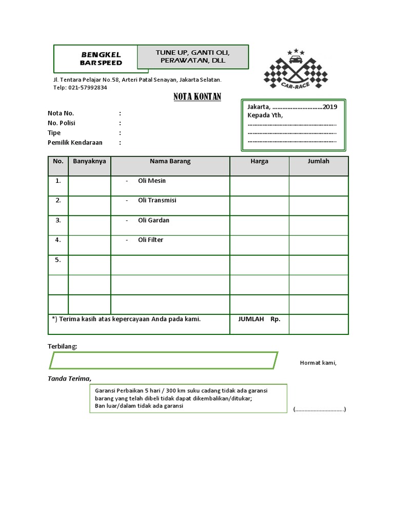 Nota Servis dan Ganti Oli Mobil | PDF