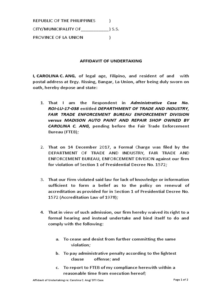Affidavit of Undertaking Carolina C. Ang Dti Case | PDF | Affidavit ...