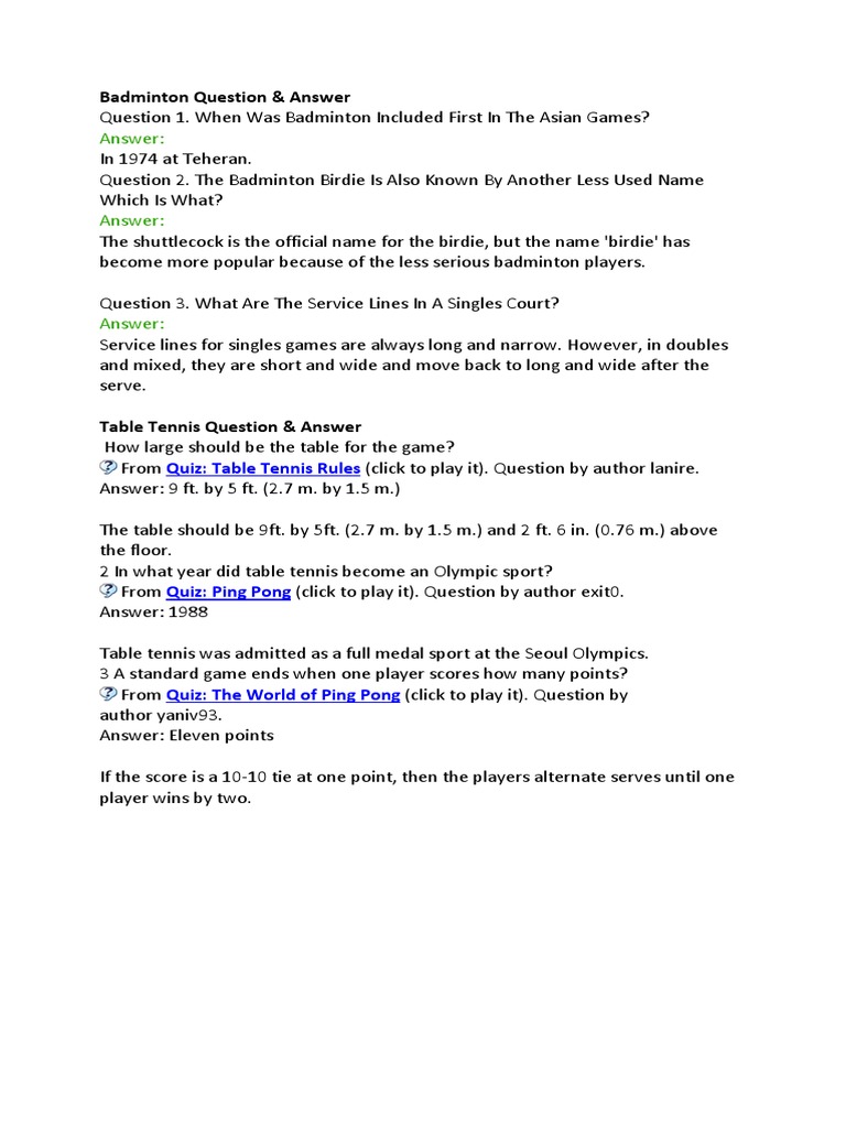 Badminton Question & Answer | PDF
