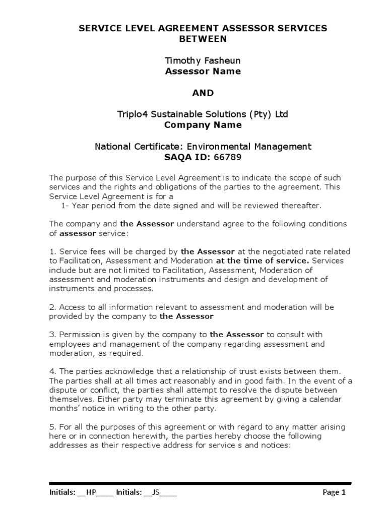Service Level Agreement Assessor Services | PDF | Indemnity | Business Law