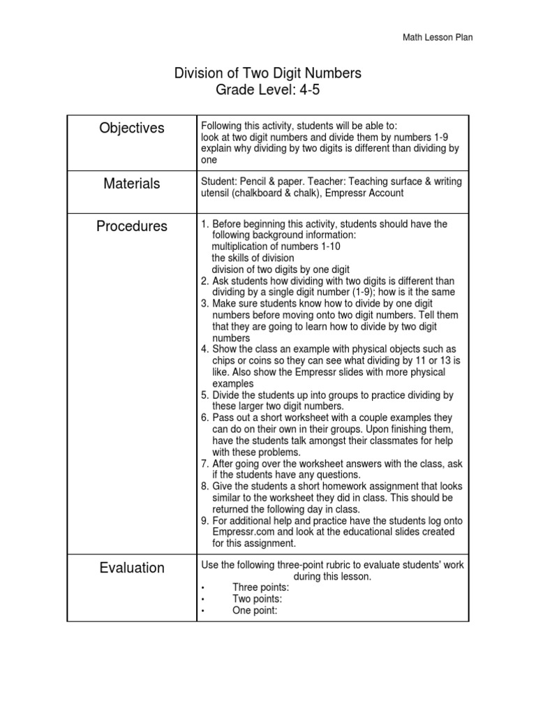Division of Two Digit Numbers Grade Level: 4-5 Objectives: Math Lesson ...