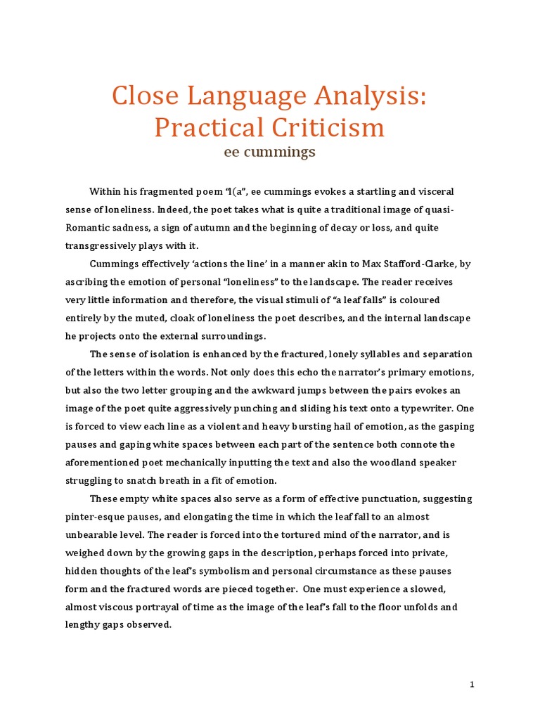 Close Language Analysis EE Cummings | PDF | Poetry | Emotions