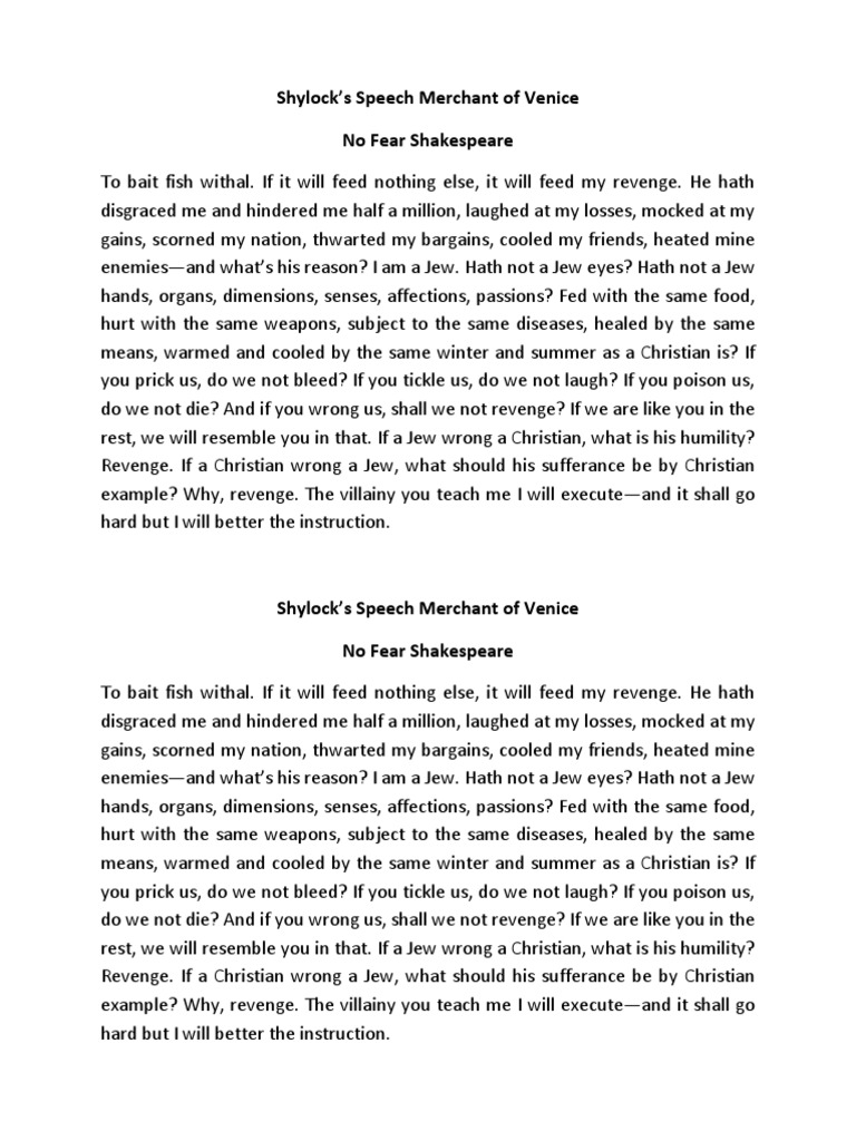 Shylock's Speech Merchant of Venice No Fear Shakespeare | PDF
