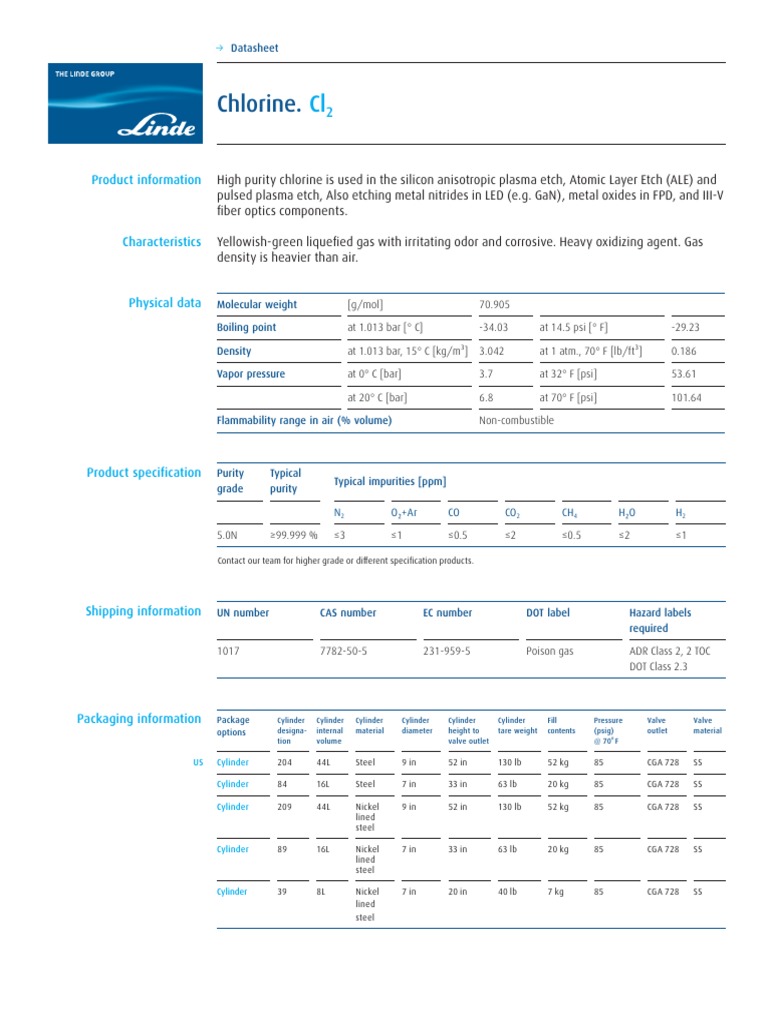 Linde Chlorine Datasheet - tcm17-481896 | PDF | Chlorine | Gases