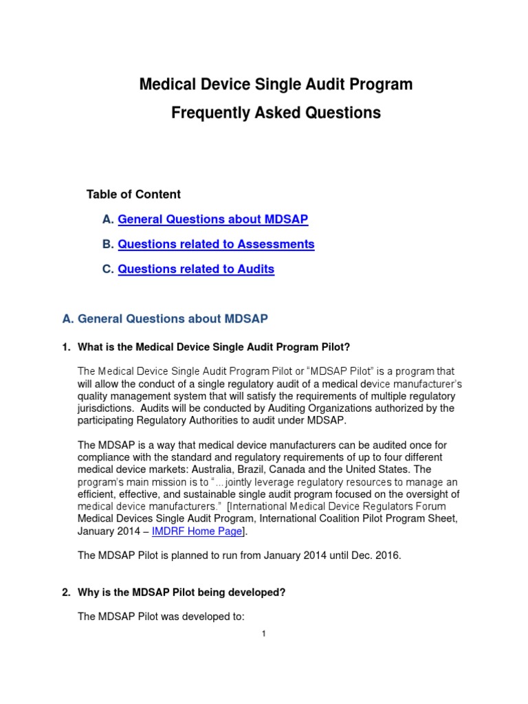Medical Device Single Audit Program - Frequently Asked Questions | PDF ... Medical Device Single Audit Program - Frequently Asked Questions | PDF ...