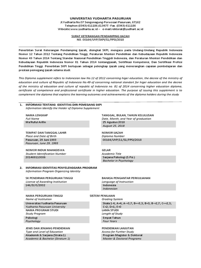 Contoh SKPI Universitas Yudharta | PDF