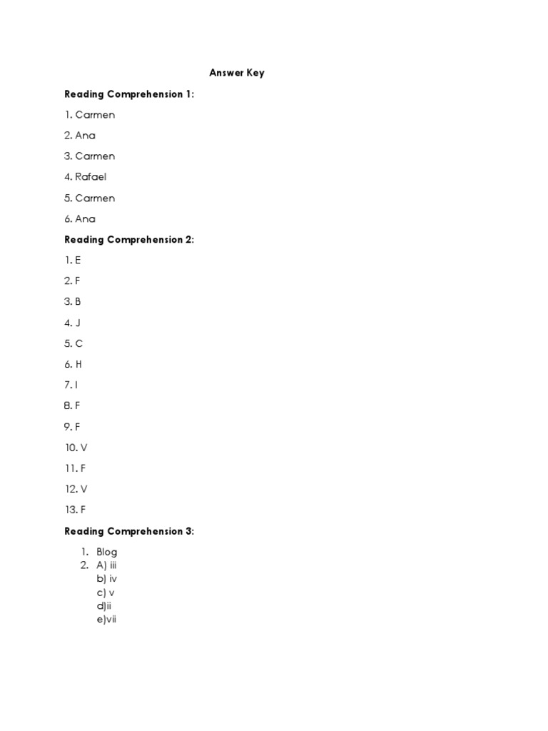 Reading Comprehension 1:: Answer Key | PDF