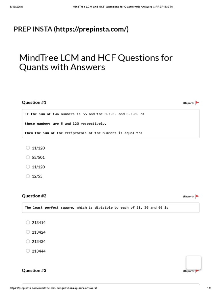 MindTree LCM and HCF Questions For Quants With Answers PREP INSTA | PDF | Numbers | Teaching ...