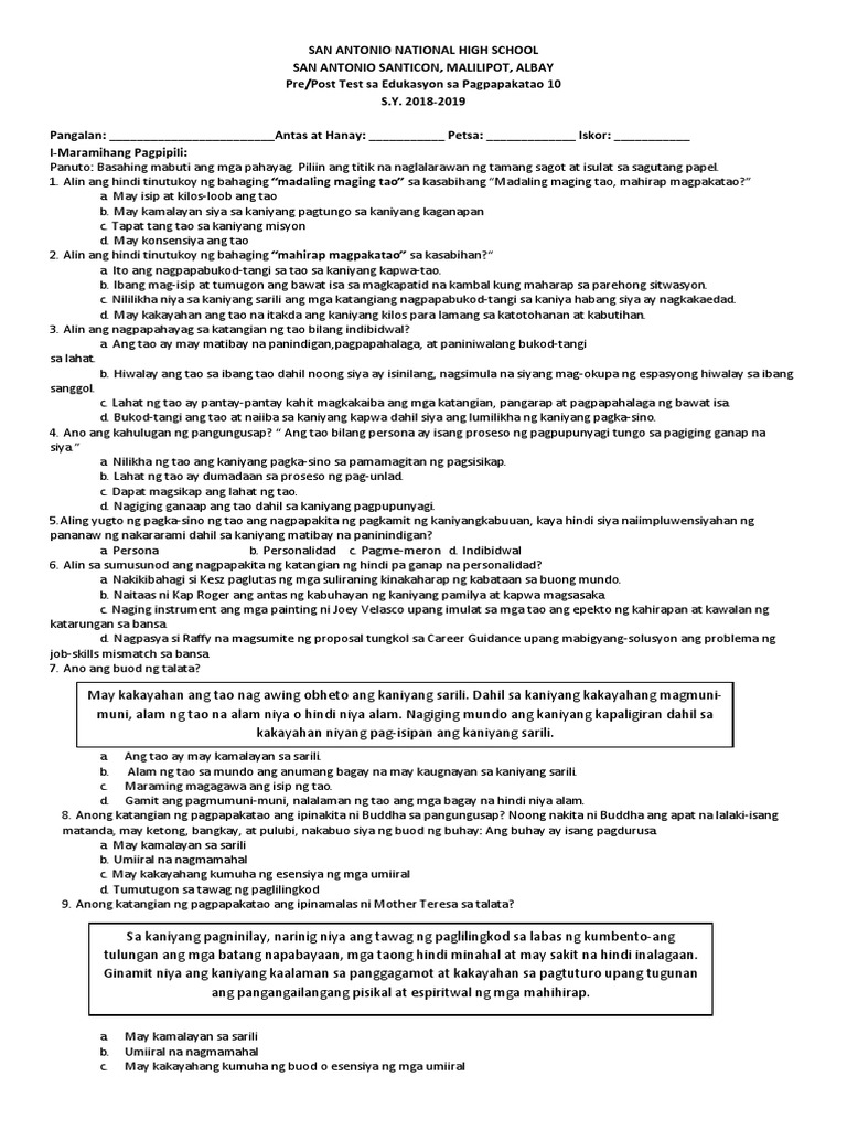 Pre Test in Esp10 | PDF