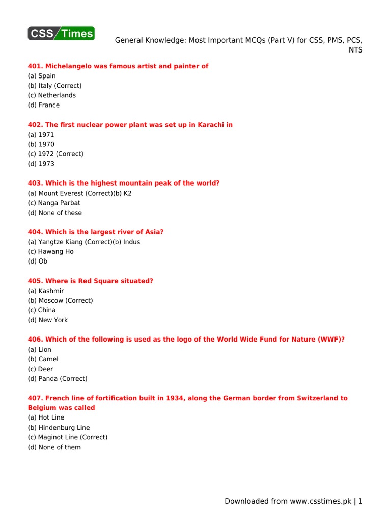 General Knowledge Most Important MCQs (Part V) For CSS PMS PCS NTS ...