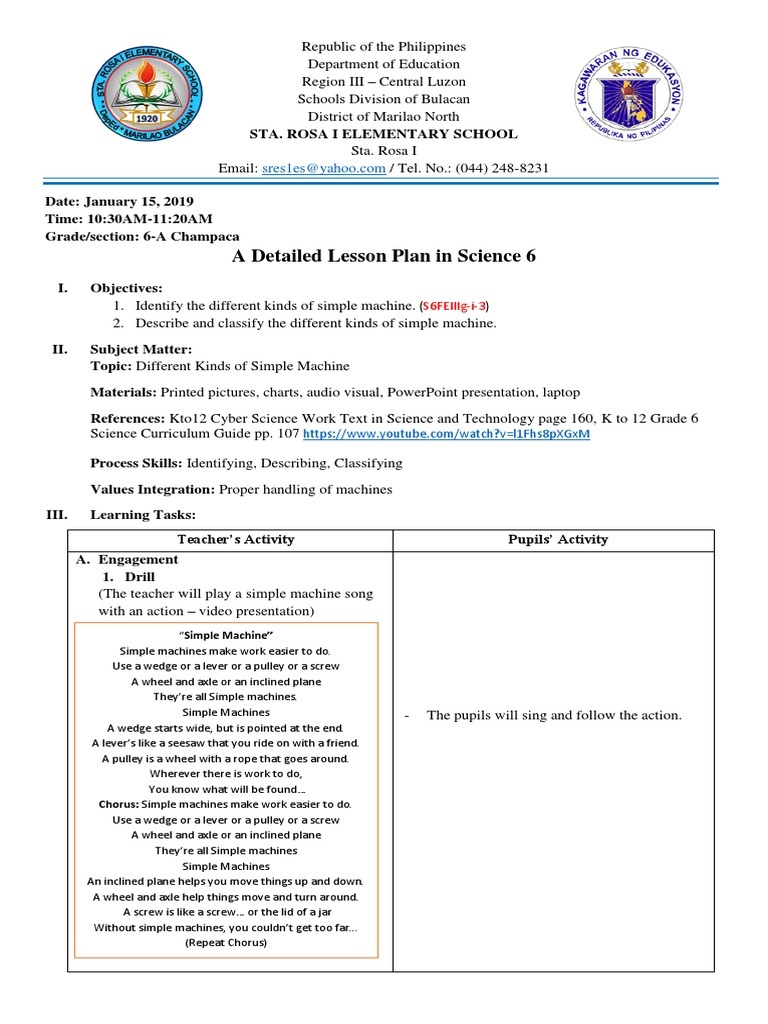 A Detailed Lesson Plan in Science 6: S6Feiiig-I-3 | PDF | Machines | Lever